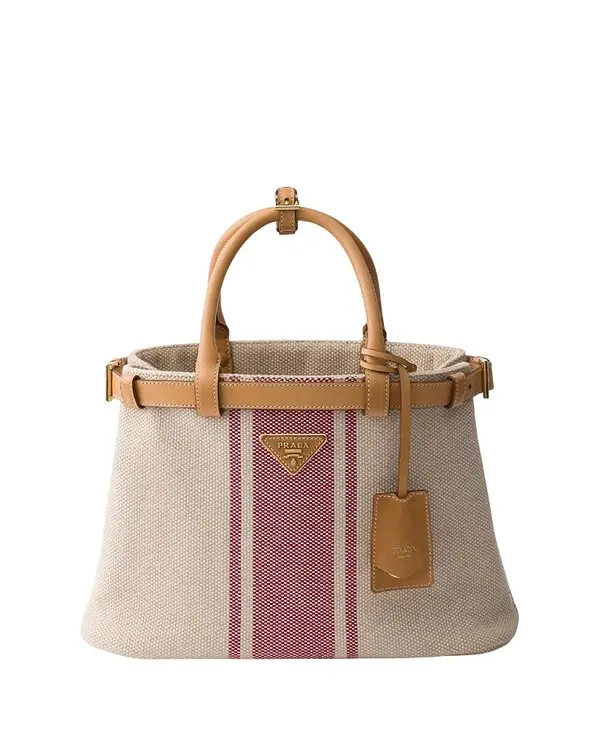 Prada Medium Canvas And Leather Handbag With Buckle Detail - Neutral