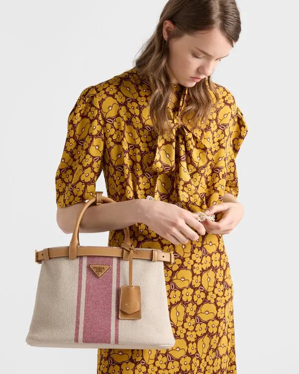 Prada Medium Canvas And Leather Handbag With Buckle Detail - Neutral