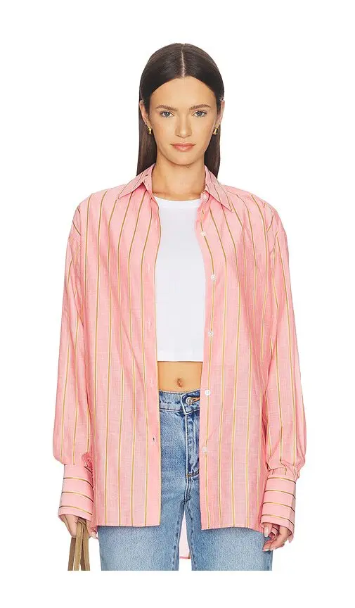 Renggli Stripe Boxy Long Sleeve Button Up In Pink - Hibiscus &  Bronze