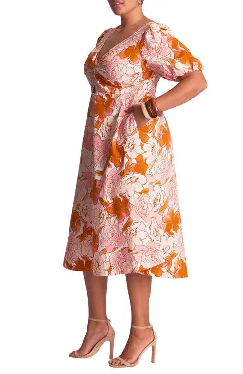 ESTELLE Amira Floral Print Puff Sleeve Midi Dress - Sunset