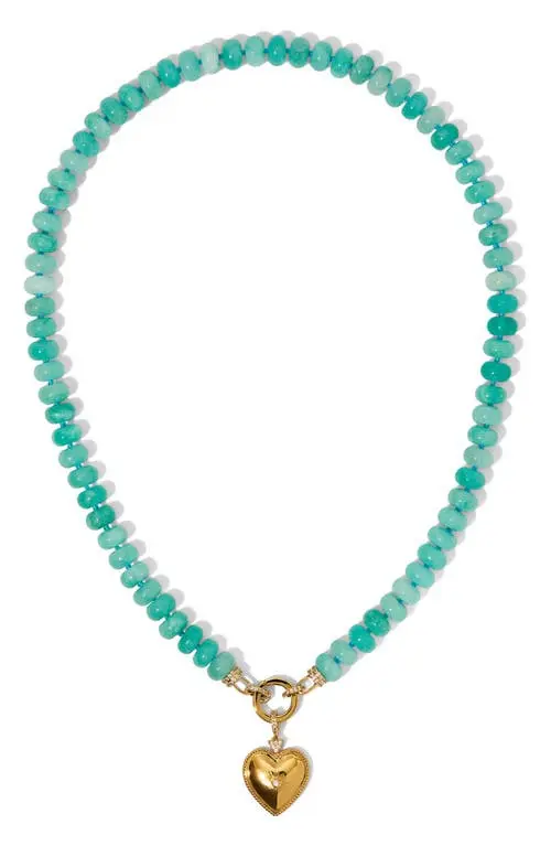Nadri Beaded Heart Pendant Necklace With Amazonite And Cubic Zirconia - Gold