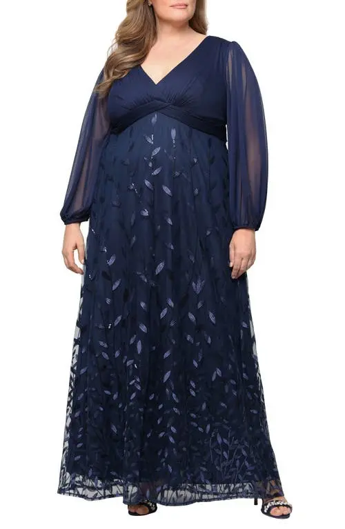 Alex Evenings Embroidered Long Sleeve A-line Gown