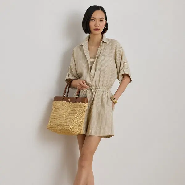 Ralph Lauren Striped Linen Roll-tab Sleeve Romper - Tan/white