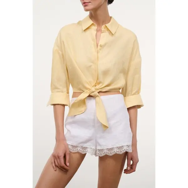 Staud Lisa Tie Front Linen Button-up Top - Butter