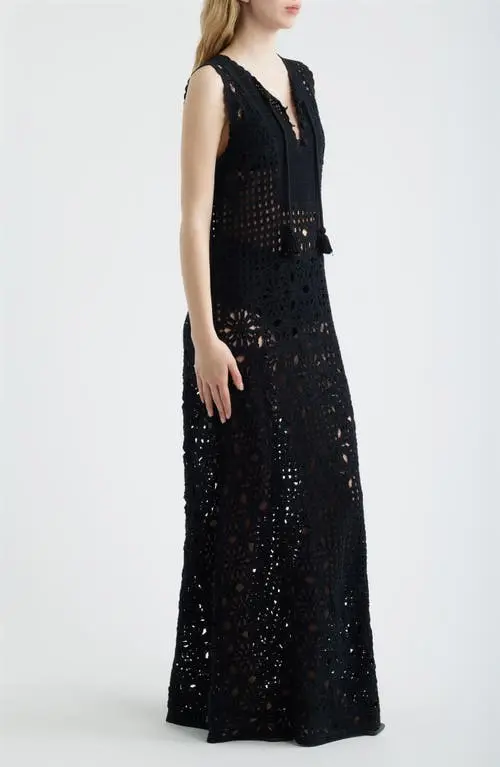 FRAME The Postcard Tie Neck Crochet Maxi Dress