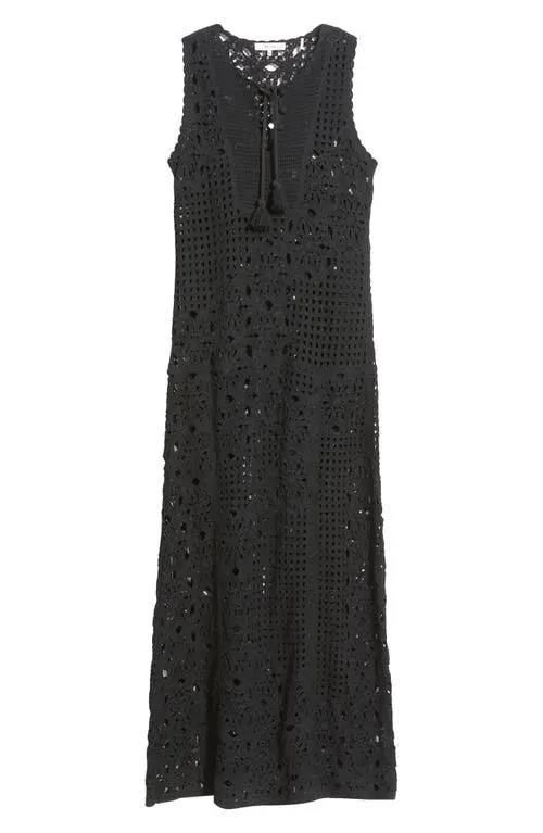 FRAME The Postcard Tie Neck Crochet Maxi Dress