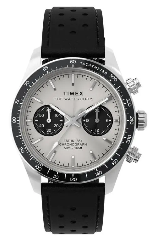 Timex® Waterbury Chronograph Leather Strap Watch - Black