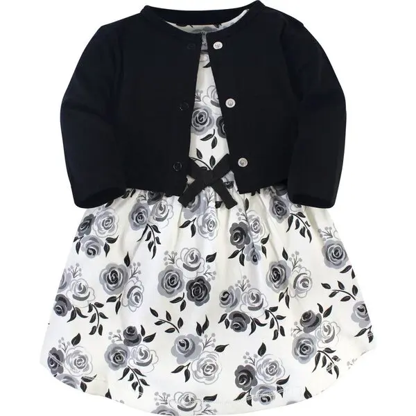 TOUCHED BY NATURE Organic Cotton Floral Dress And Cardigan Set - Black Floral