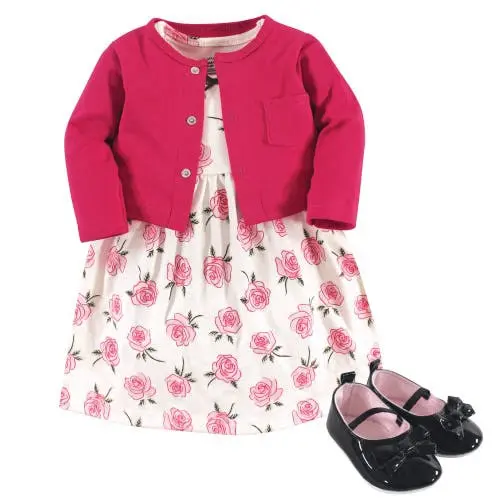 LITTLE TREASURE Cotton Dress, Cardigan, And Shoes Set - Rose