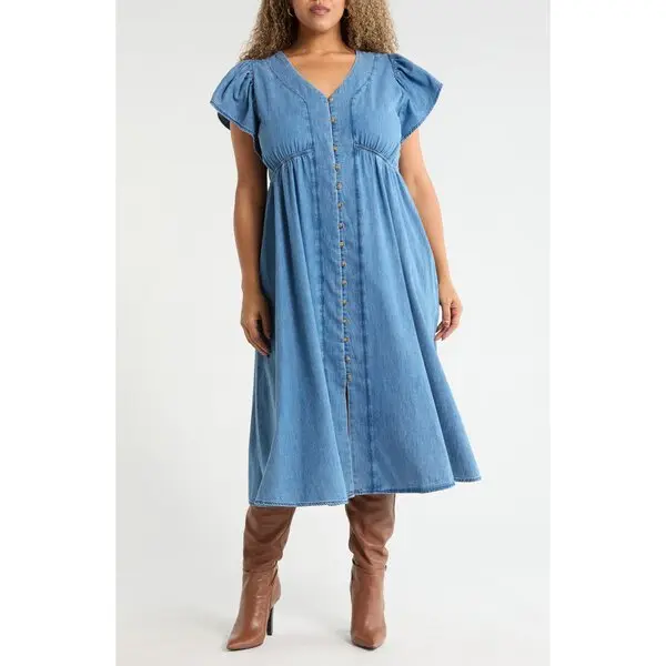 Treasure & Bond Flutter Sleeve Chambray Midi Dress