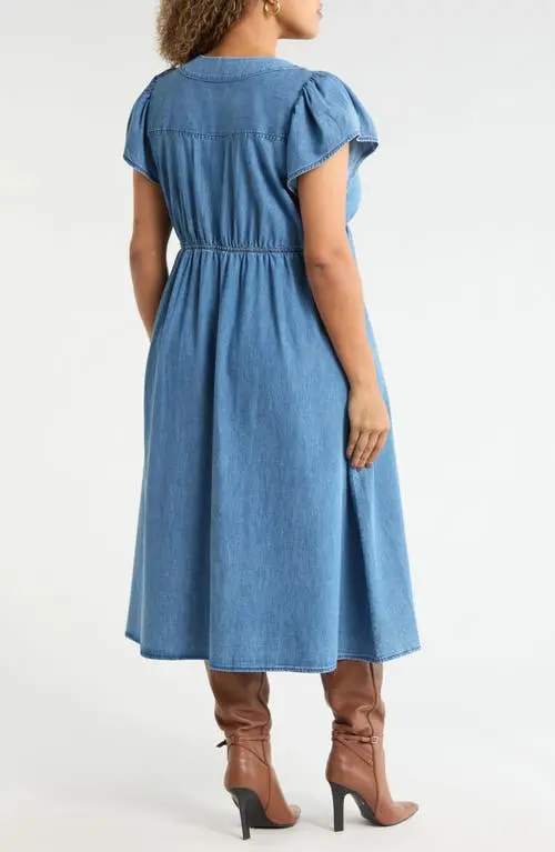 Treasure & Bond Flutter Sleeve Chambray Midi Dress