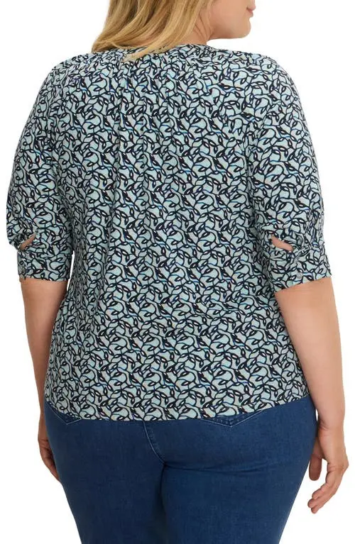 NIC+ZOE Fine Vines Print Split Neck Top - Aqua Multi