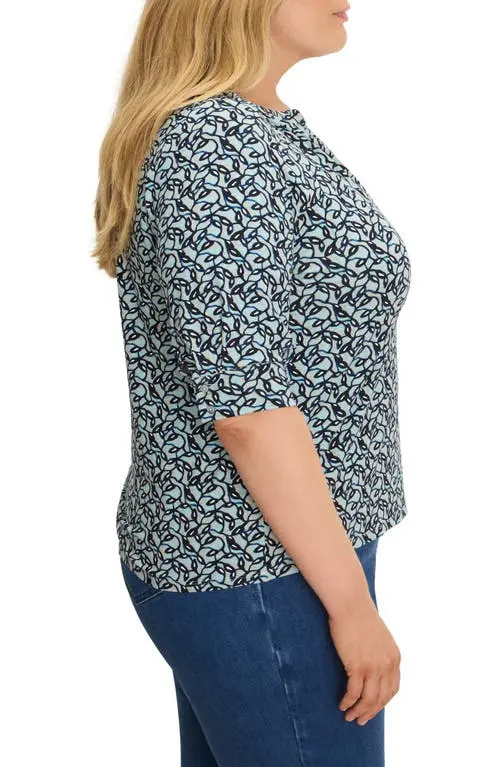 NIC+ZOE Fine Vines Print Split Neck Top - Aqua Multi