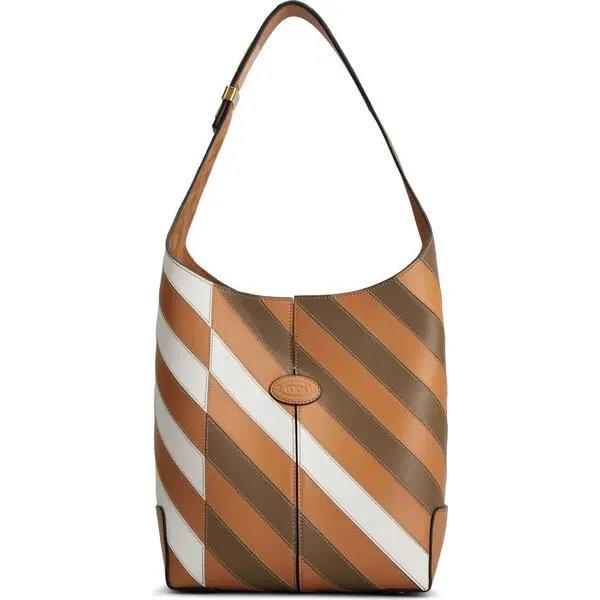 TOD'S Millerighe Stripe Leather Tote - Cuoio/bianco