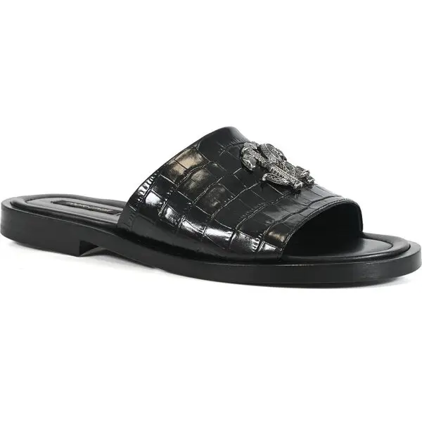 Roberto Cavalli Croc Embossed Leather Slide Sandals With Signature Hardware