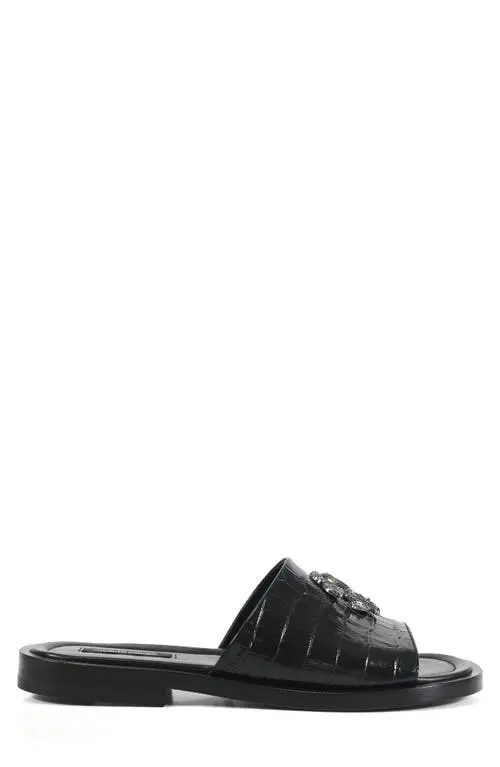 Roberto Cavalli Croc Embossed Leather Slide Sandals With Signature Hardware
