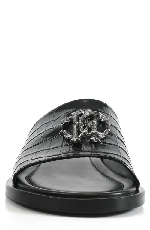 Roberto Cavalli Croc Embossed Leather Slide Sandals With Signature Hardware