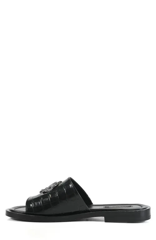 Roberto Cavalli Croc Embossed Leather Slide Sandals With Signature Hardware