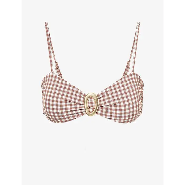 AWAY THAT DAY Checked Bikini Top - Espresso/ Ivory