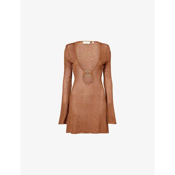 Monday Swimwear Montego Mini Dress With Plunge Neckline And Gold Ring Detail - Caramel Treble Knit