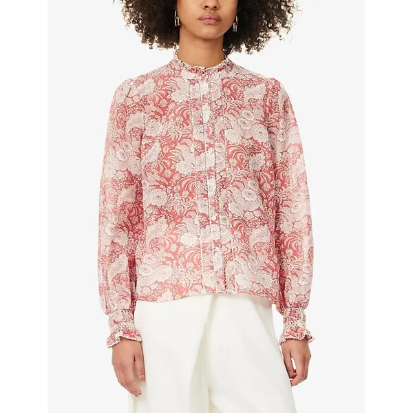 ME+EM Ruffle-collar Botanical-print Cotton And Silk-blend Shirt