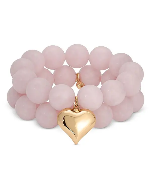 Ettika Stacked Heart Charm Stone Beaded Bracelets - Rose Quartz