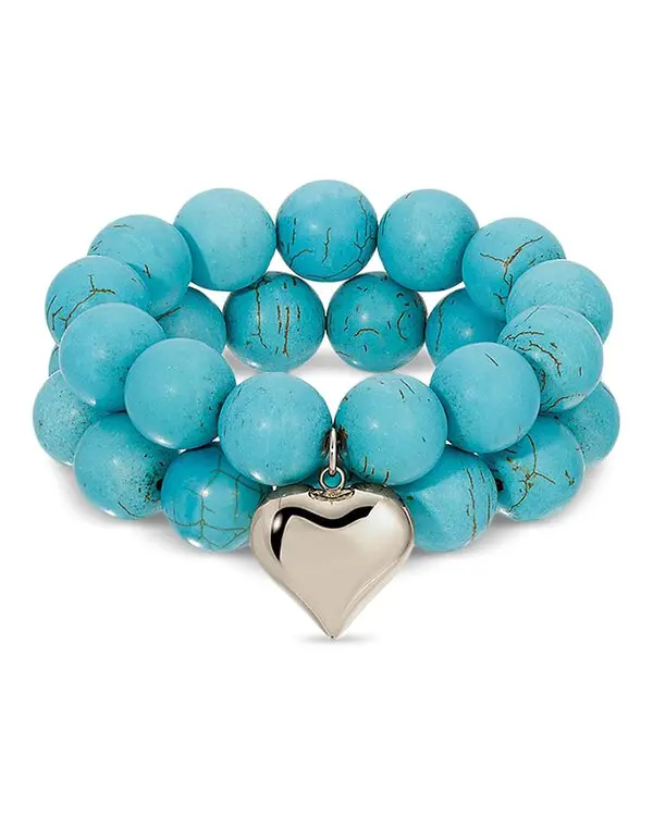 Ettika Stacked Heart Charm Stone Beaded Bracelets - Turquoise/silver