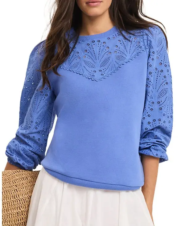 Mint Velvet Cotton Blend Broderie Sweatshirt - Blue