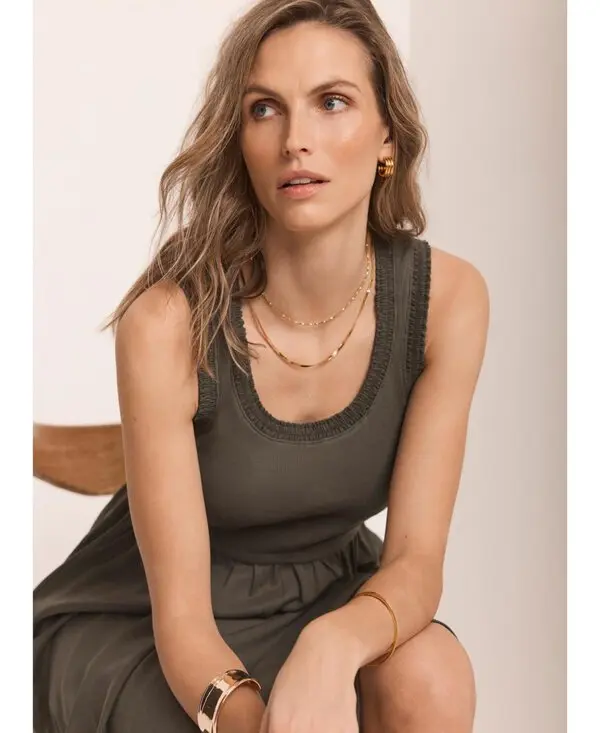 Mint Velvet Ruched Trim Cotton Midi Dress - Khaki