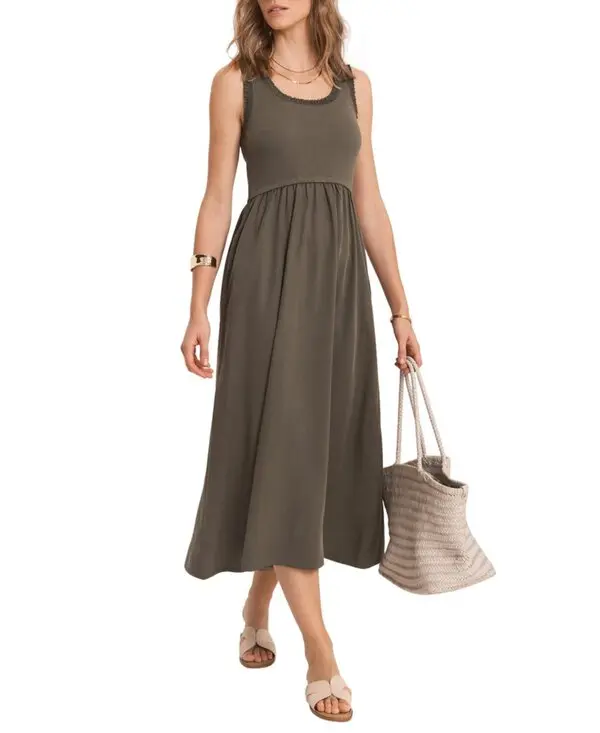 Mint Velvet Ruched Trim Cotton Midi Dress - Khaki