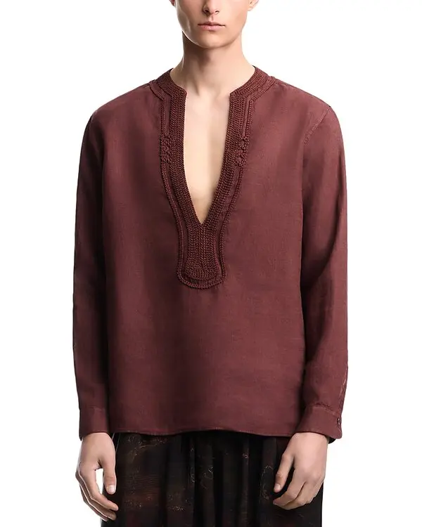 Emporio Armani Garment Dyed Linen Deep V-neck Shirt - Cowhide