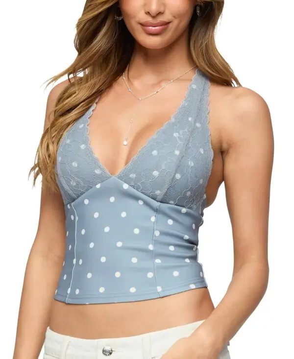 EDIKTED Lace Up Polka Dot Halter Top