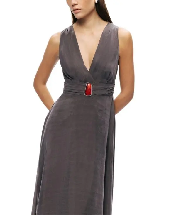 NOCTURNE V-neck Sleeveless Midi Dress - Anthracite