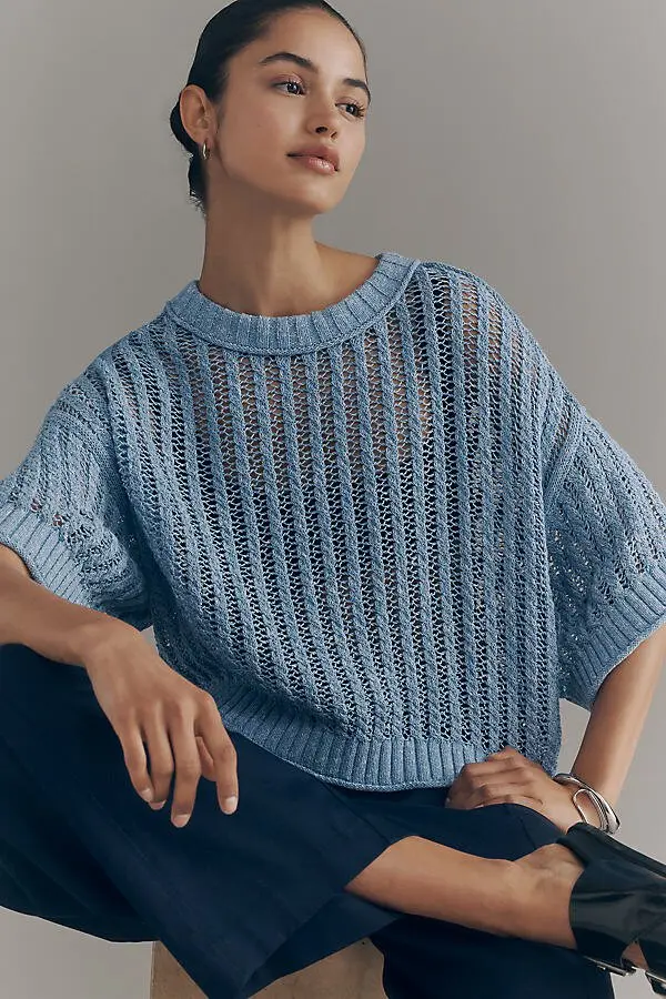 Anthropologie Goldie Corded Mesh Crew-neck Sweater - Sky