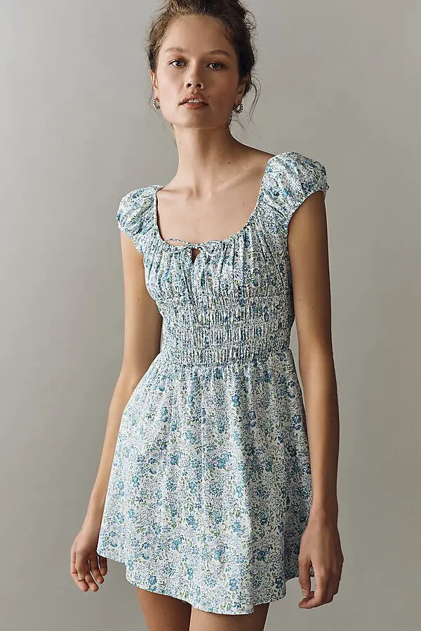 Anthropologie Cotton Smocked Mini Dress - Blue Pattern