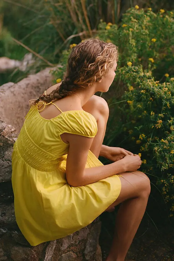 Anthropologie Cotton Smocked Mini Dress - Lemon
