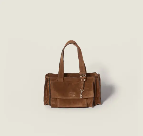 Miu Miu Suede Tote Bag With Logo Detail - Cacao