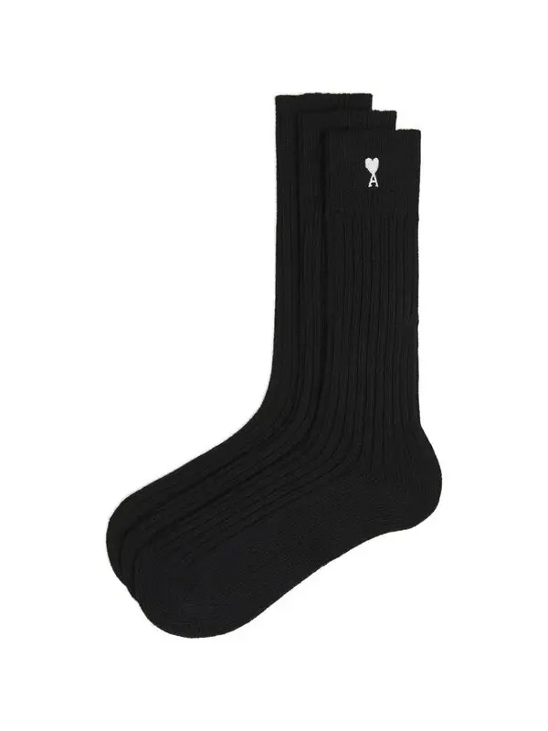 Ami Pack Of Three Heart Logo Crew Socks - Noir/ecru