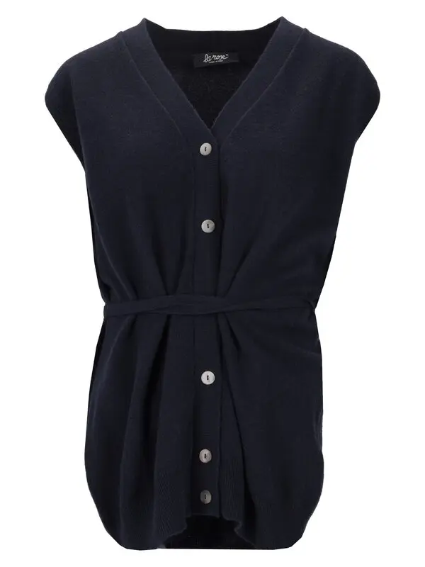 LA ROSE V-neck Cashmere Cardigan With Belt - Blue Navy