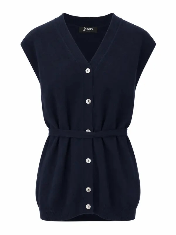 LA ROSE V-neck Cashmere Cardigan With Belt - Blue Navy