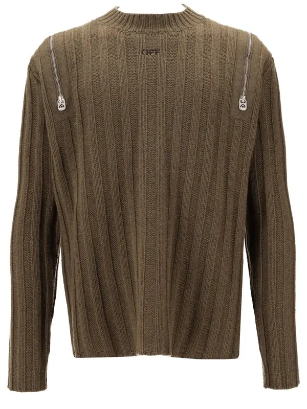 Off-White Ribbed Knit Sweater With Side Zips