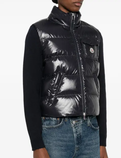 Moncler Quilted Down Vest With Contrast Knit Sleeves - Navy