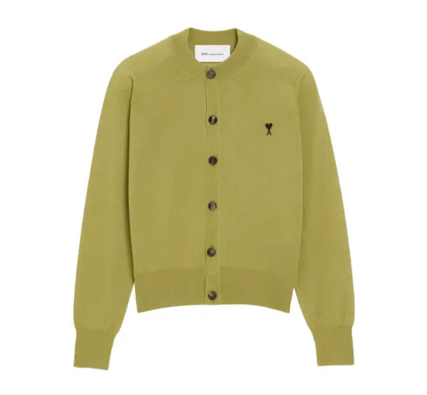 Ami Round Neck Cardigan With Contrasting Heart Applique - Matcha/noir