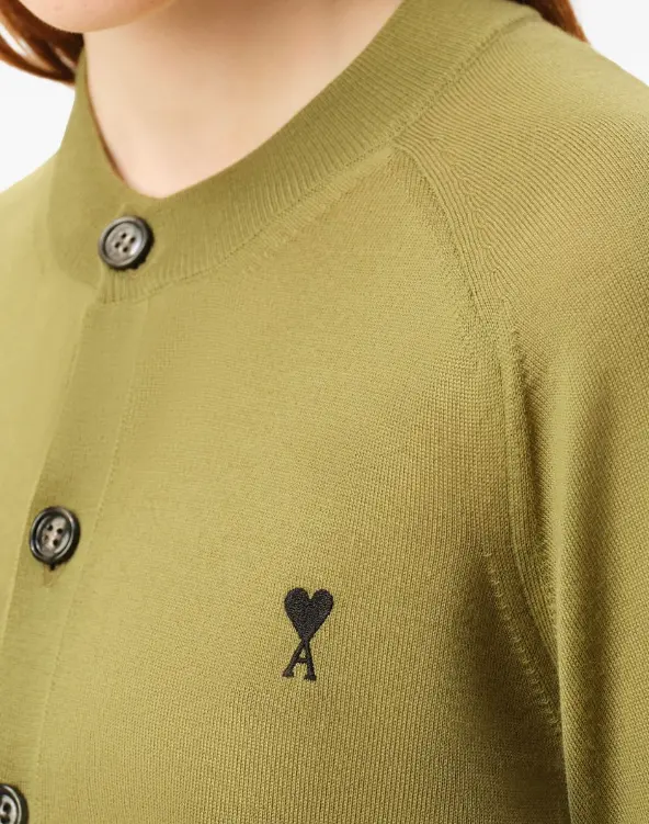 Ami Round Neck Cardigan With Contrasting Heart Applique - Matcha/noir