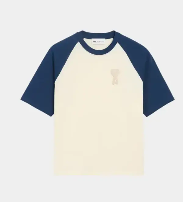 Ami Short Sleeve Crocheted Heart Patch Boxy Fit T-shirt - Blanccreme/encre