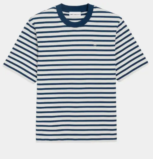 Ami Boxy Fit Marinière T-shirt With Heart Patch - Encre/blanc
