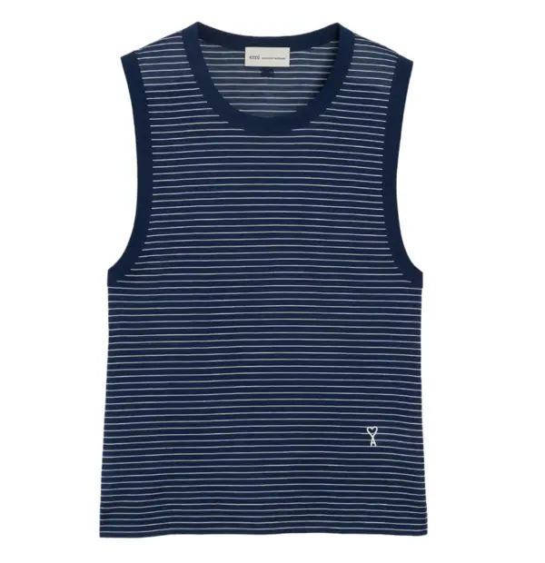 Ami Classic Fit Striped Knit Vest With Heart Patch - Encre/blanc