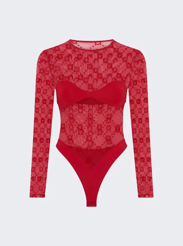 MARINE SERRE Moonogram Mesh Flocked Long Sleeve Bodysuit - Red