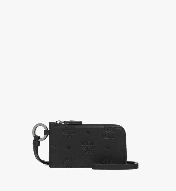 Mcm Aren Card Pouch In Embossed Monogram Leather - Black