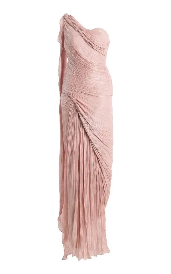 MARMAR HALIM One-shoulder Draped Hand-pleated Silk Gown - Pink